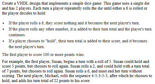 Create a VHDL design that implements a simple dice | Chegg.com