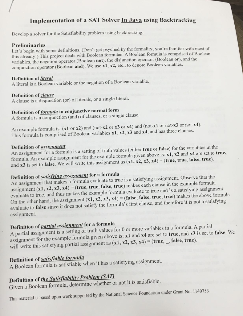 Implementation of a SAT Solver In Java using | Chegg.com