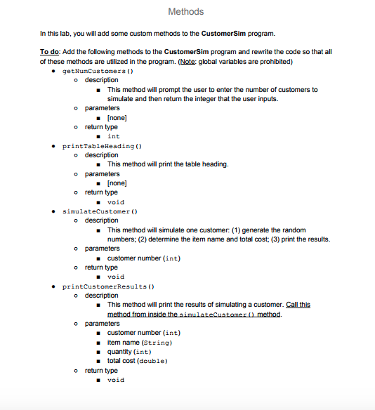 Solved Add the following methods to the CustomerSim program | Chegg.com