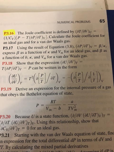 Solved NUMERICAL PROBLEMS 65 P3.16 The Joule coefficient is | Chegg.com