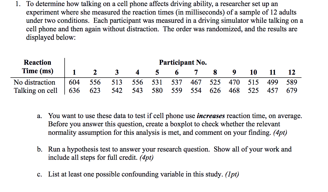Solved To determine how talking on a cell phone affects | Chegg.com