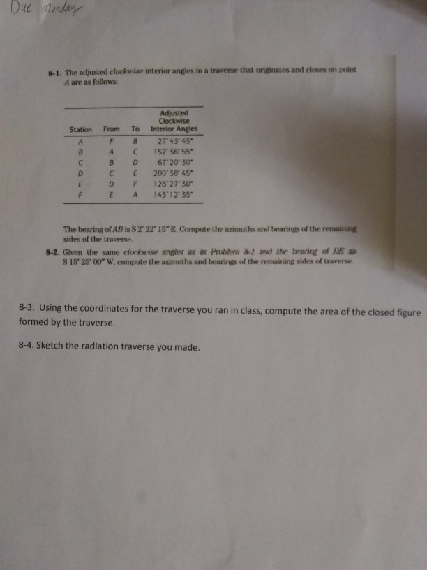 Solved 8-1. The adjusted clockaurise interior angles in a | Chegg.com