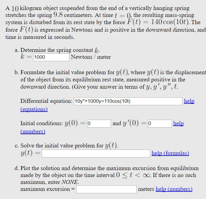 Solved A 10 kilogram object suspended from the end of a | Chegg.com