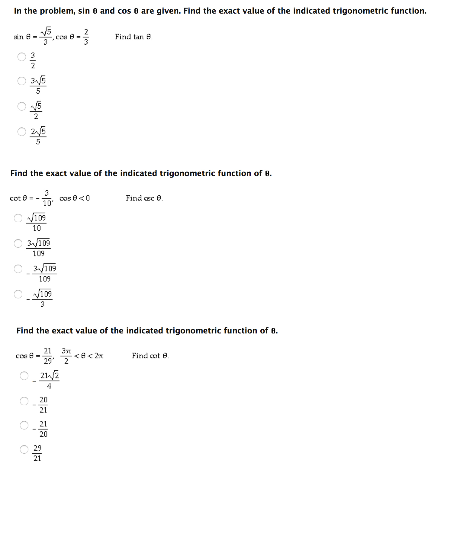 Solved In the problem, sin theta and cos theta are given. | Chegg.com
