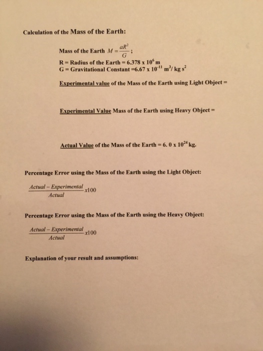 Solved Calculation of the Mass of the Earth: Mass of the | Chegg.com