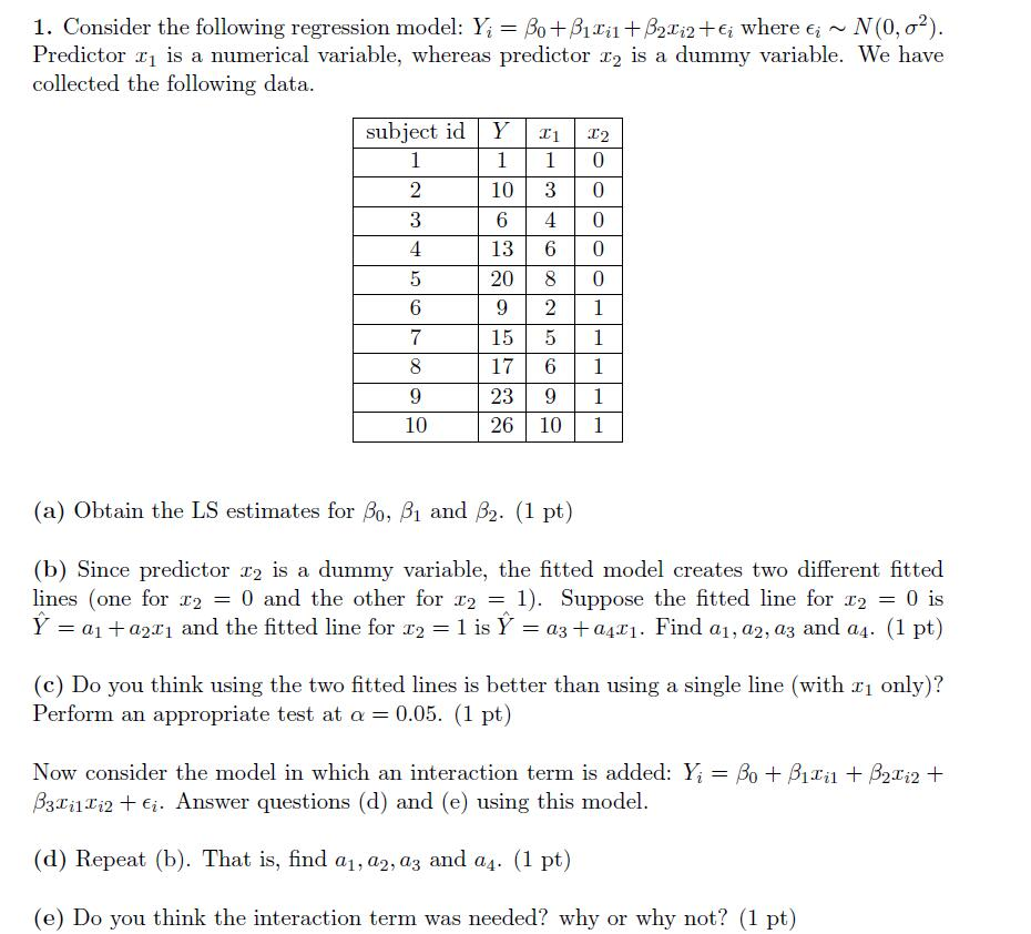 Solved 1. Consider the following regression model: Yi = | Chegg.com