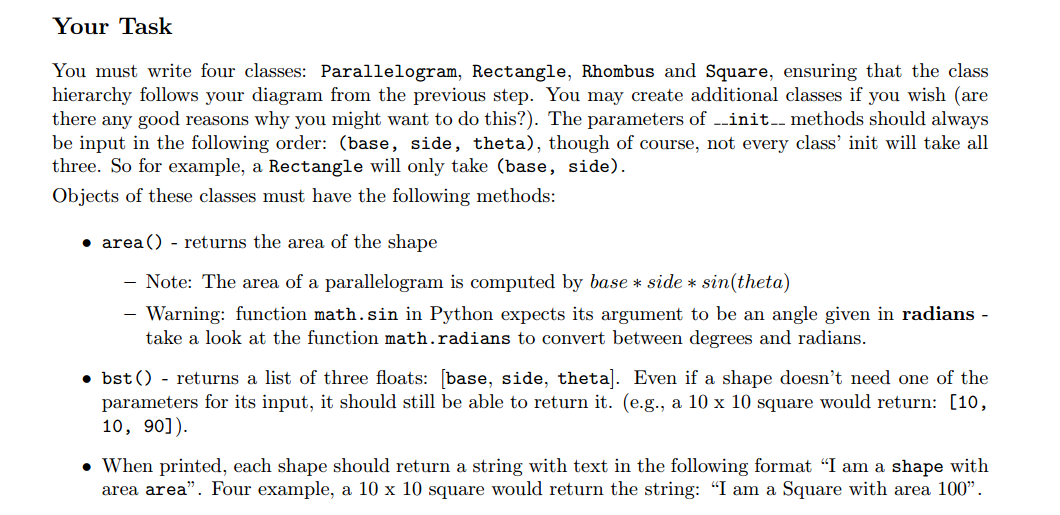Solved You must write four classes: Parallelogram, | Chegg.com