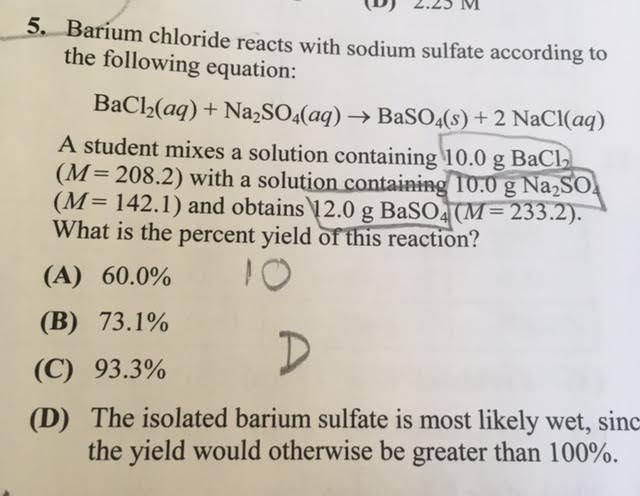 Solved Barium chloride reacts with sodium sulfate according | Chegg.com