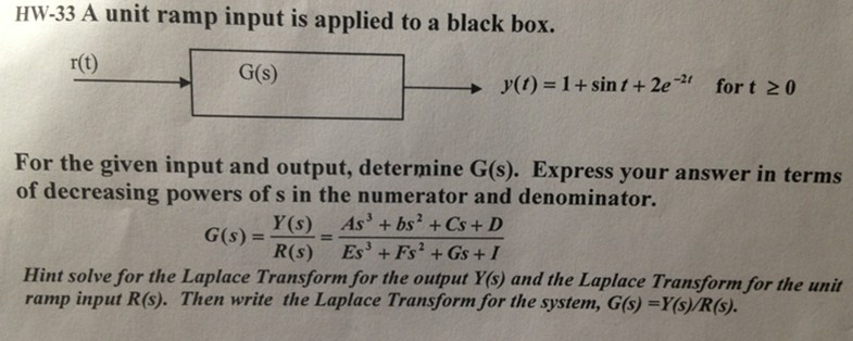 Solved A unit ramp input is applied to a black box. y(t) = | Chegg.com