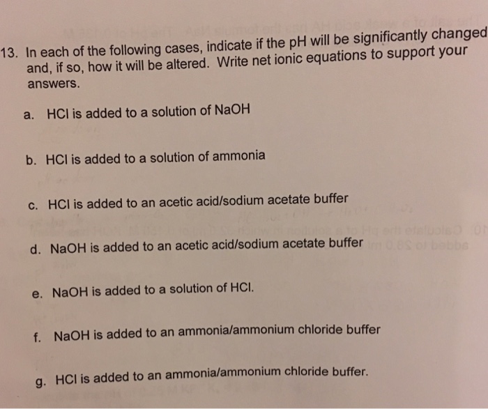 Solved In each of the following cases, indicate if the pH | Chegg.com