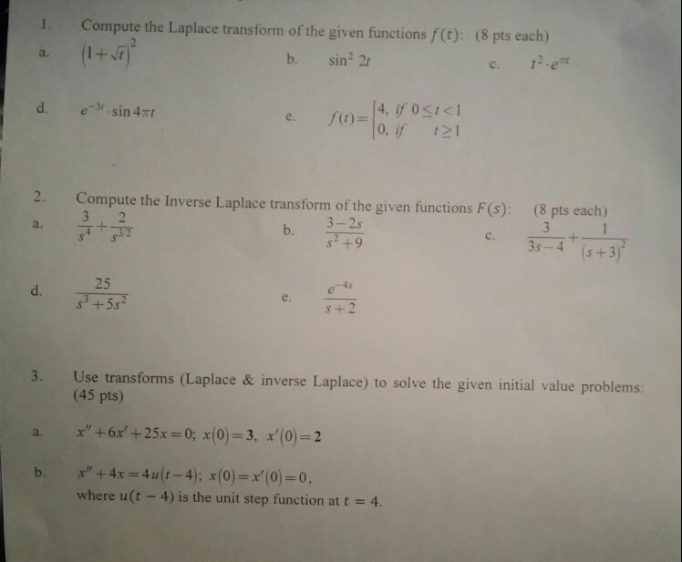 Solved 1. Compute the Laplace transform of the given | Chegg.com