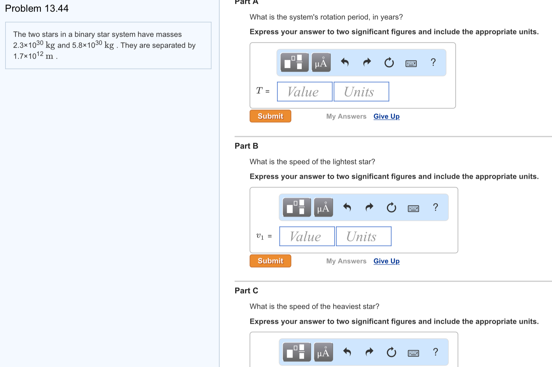 Solved Problem 13.44 The two stars in a binary star system | Chegg.com