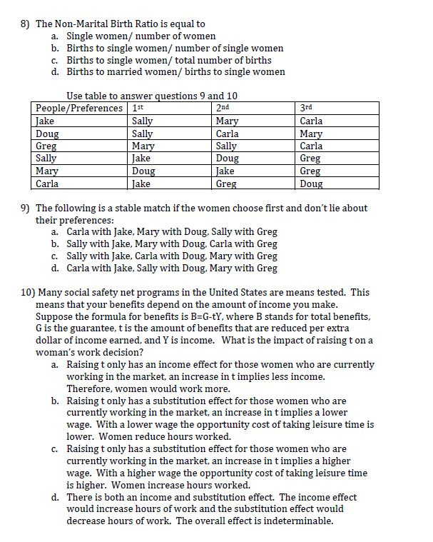 Solved 8) The Non-Marital Birth Ratio is equal to a. Single | Chegg.com