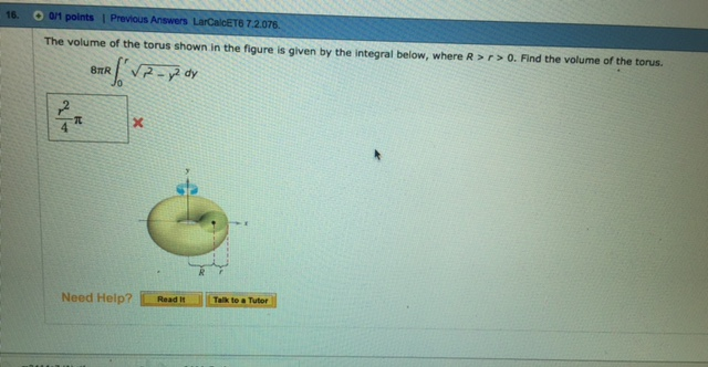 Solved The volume of the torus shown in the figure is given | Chegg.com