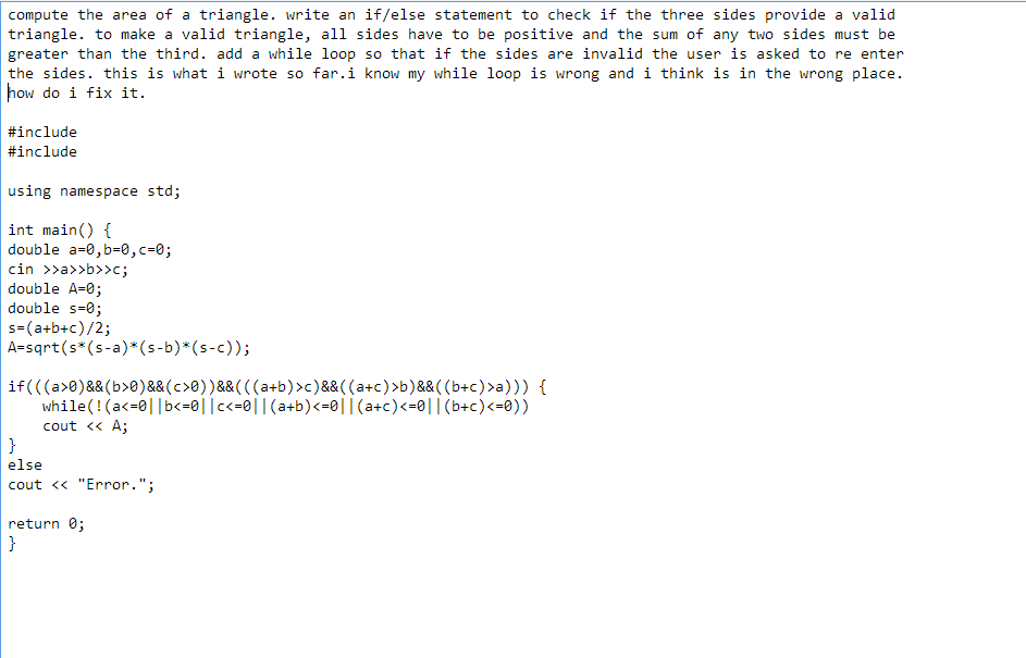 Solved compute the area of a triangle. write an if/else | Chegg.com