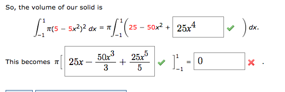 Solved So, the volume of our solid is integral^1_-1 pi(5 - | Chegg.com