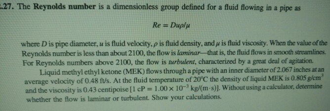 Solved The Reynolds number is a dimensionless group defined | Chegg.com