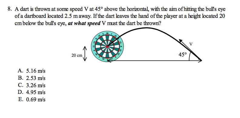Solved 8. A dart is thrown at some speed V at 45° above the | Chegg.com