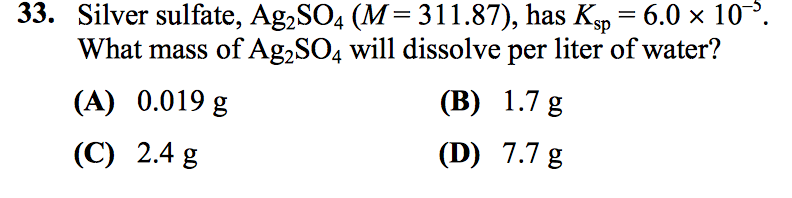 Solved Silver sulfate, Ag_2 SO_4 (M = 311.87), has K_sp = | Chegg.com