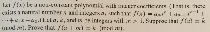 Solved Let f(x) be a non-constant polynomial with integer | Chegg.com