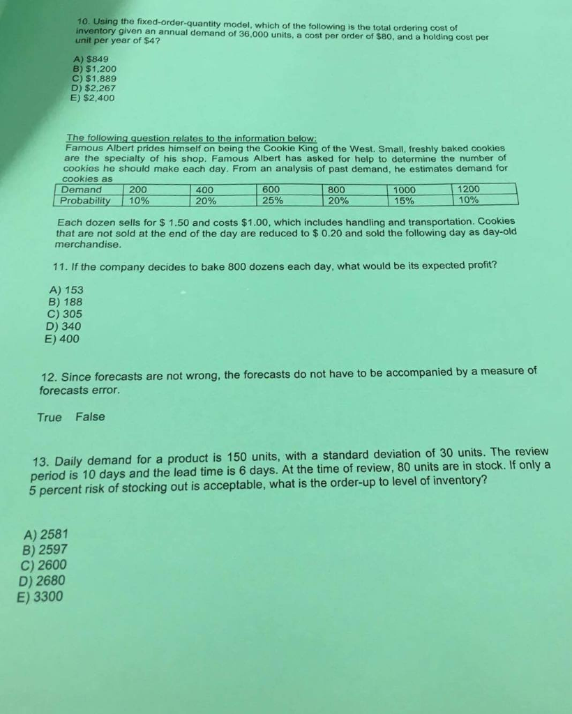 Solved Using The Fixed Order Quantity Model Which Of The 7790