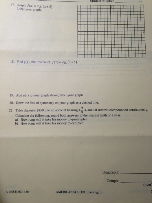 Solved Student Number, 17, Graph f(x)=log(x+5). Label your | Chegg.com