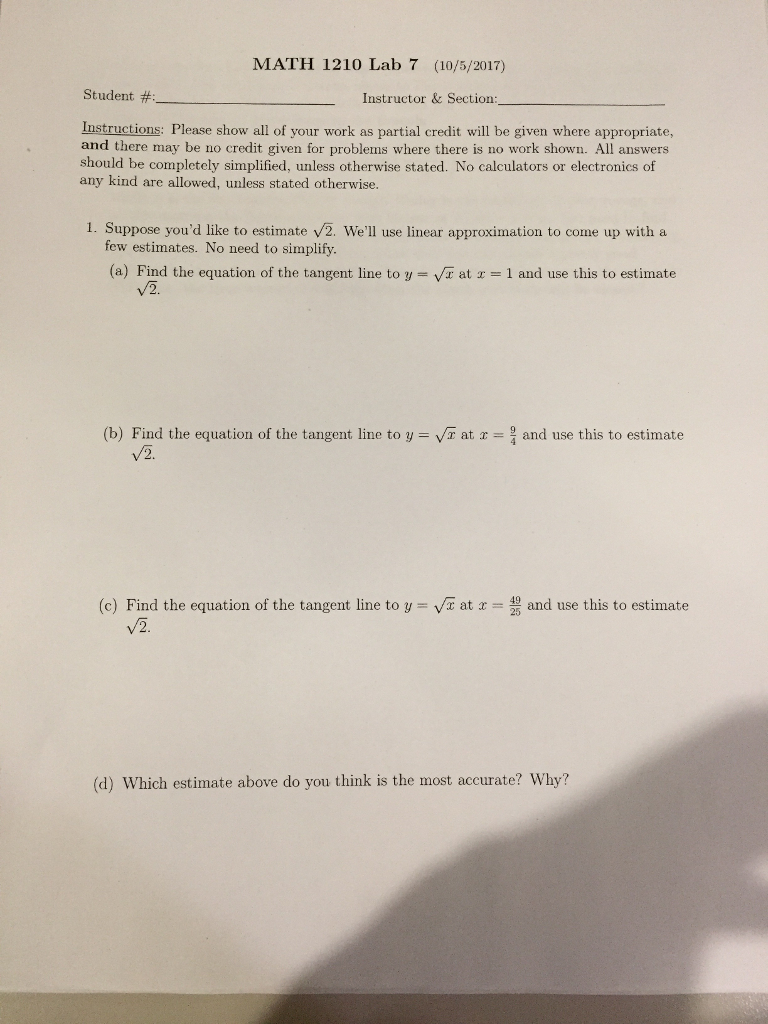 Solved MATH 1210 Lab 7 (10/5/2017) Student #: Instructor | Chegg.com