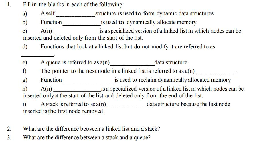 Solved Fill in the blanks in each of the following: a) A | Chegg.com