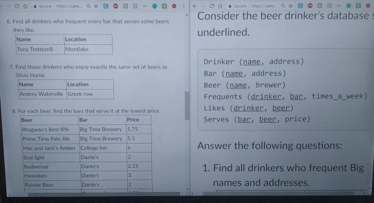 Solved Consider the beer drinker's database s underlined 6 | Chegg.com