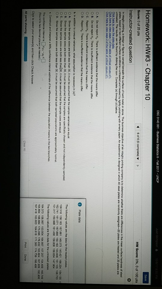 Solved DSC 3140 001-Business Statistics II Fall 2017- UNCP | Chegg.com