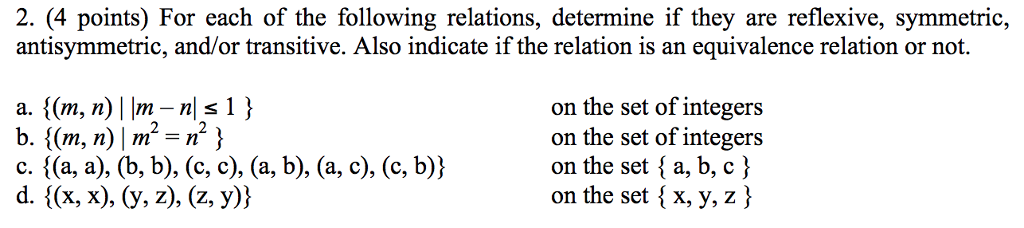 Solved 2. (4 points) For each of the following relations, | Chegg.com
