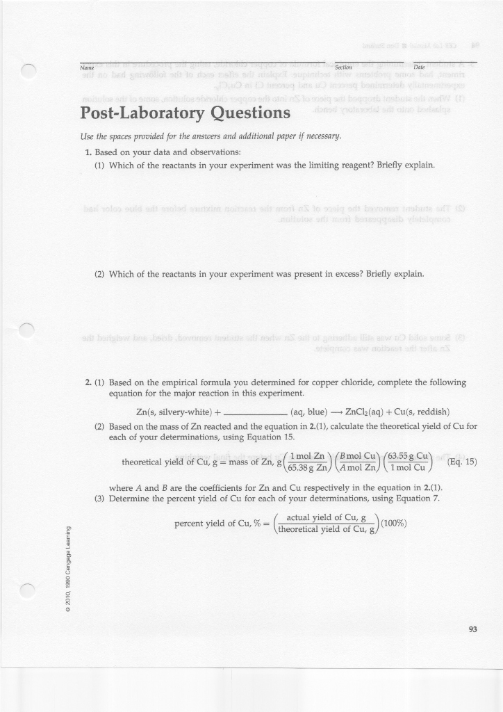 Solved Name Seetion Date Post-Laboratory Questions the | Chegg.com