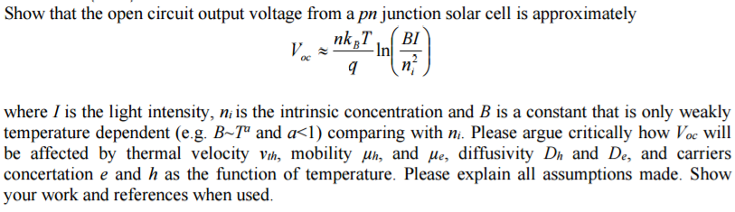 Show that the open circuit output voltage from a pn | Chegg.com