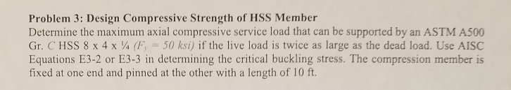 Solved Problem 3: Design Compressive Strength of HSS Member | Chegg.com
