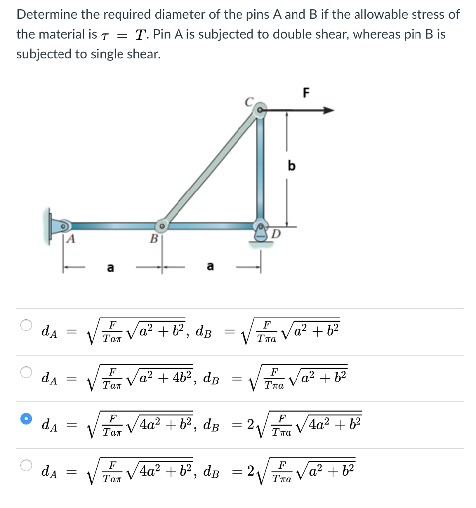 Solved Determine the required diameter of the pins A and B | Chegg.com
