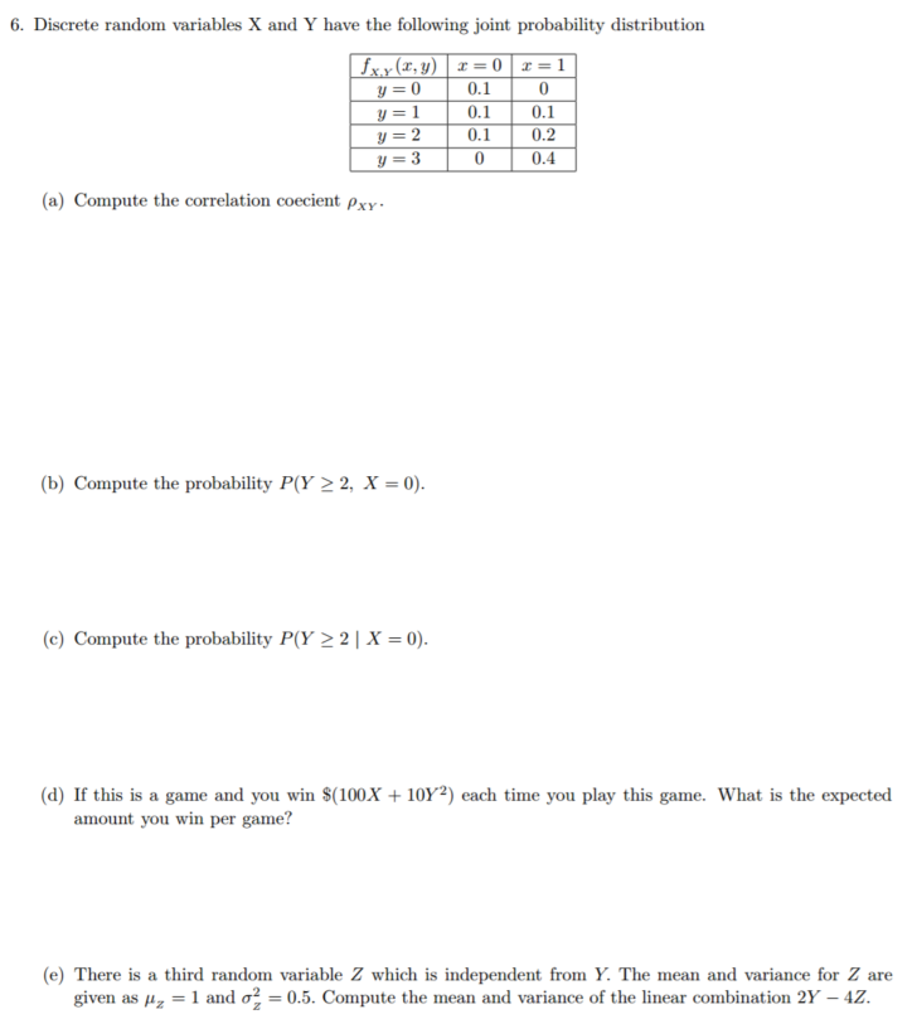 Solved Discrete random variables X and Y have the following | Chegg.com