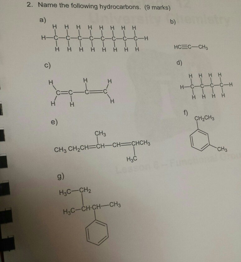 Solved 2. Name the following hydrocarbons. (9 marks) a) | Chegg.com