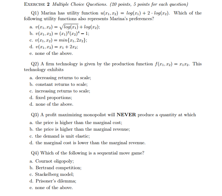 Solved ExERCISE 2 Multiple Choice Questions. (20 points, 5 | Chegg.com