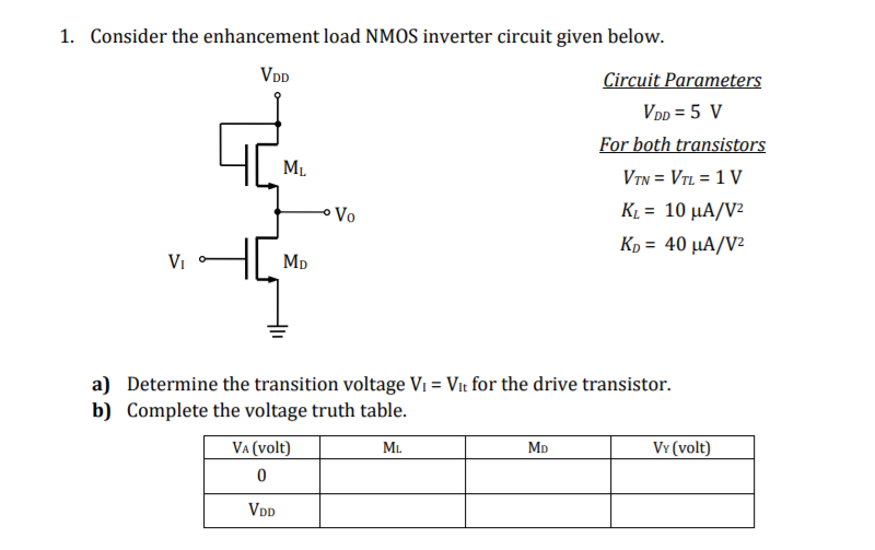 Solved 1. Consider the enhancement load NMOS inverter | Chegg.com