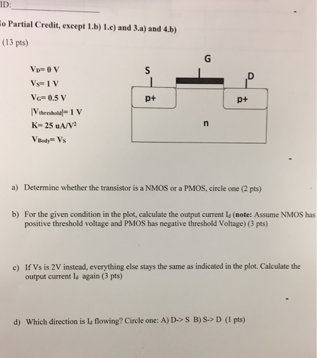 Solved V_D = 0 v V_s = 1 V V_G = 0.5 v |V_threshold| = 1V | Chegg.com