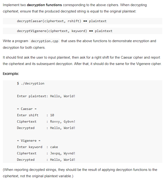 Solved Implement two decryption functions corresponding to | Chegg.com