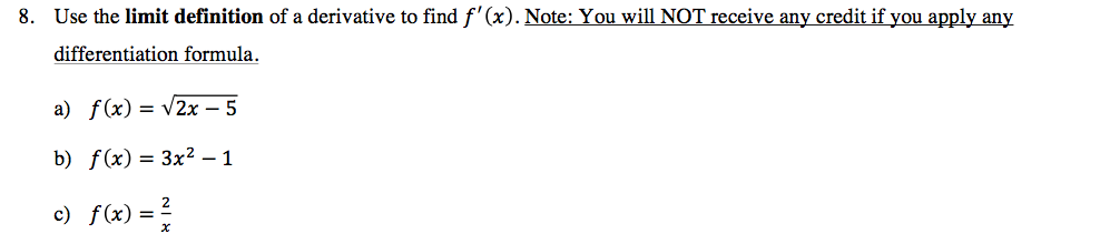 Solved Use the limit definition of a derivative to find f' | Chegg.com