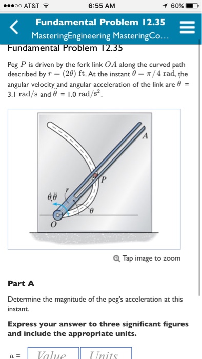 Solved Peg P is driven by the fork link OA along the curved | Chegg.com