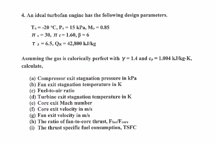 Solved 4. An ideal turbofan engine has the following design | Chegg.com