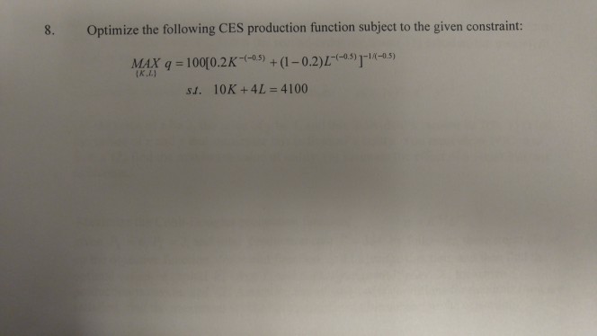 Solved Optimize the following CES production function | Chegg.com