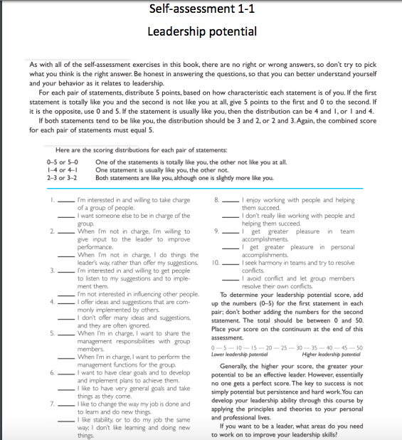 Self-assessment 1-1 Leadership potential As with all | Chegg.com