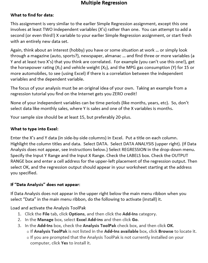 Solved Multiple Regression What to find for data This | Chegg.com