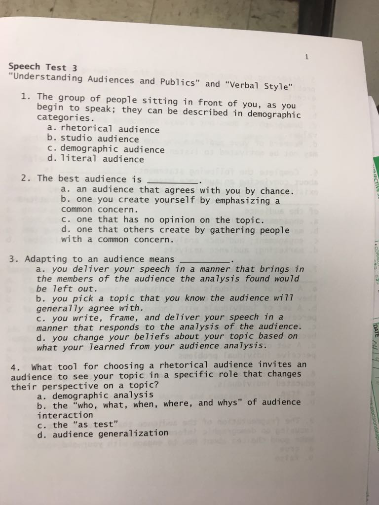 Solved Speech Test 3 "Understanding Audiences and Publics" | Chegg.com