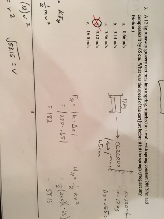 Solved A 12 kg runaway grocery cart runs into a spring, | Chegg.com