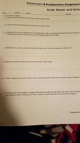 Experiment 6 Prelaboratory Assignment Acids, Bases, | Chegg.com